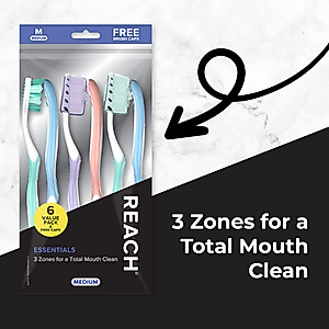 Reach Essentials Toothbrush with Toothbrush Covers, Multi-Angled Medium Bristles, Contoured Handle, Tongue Scraper, 6 Count