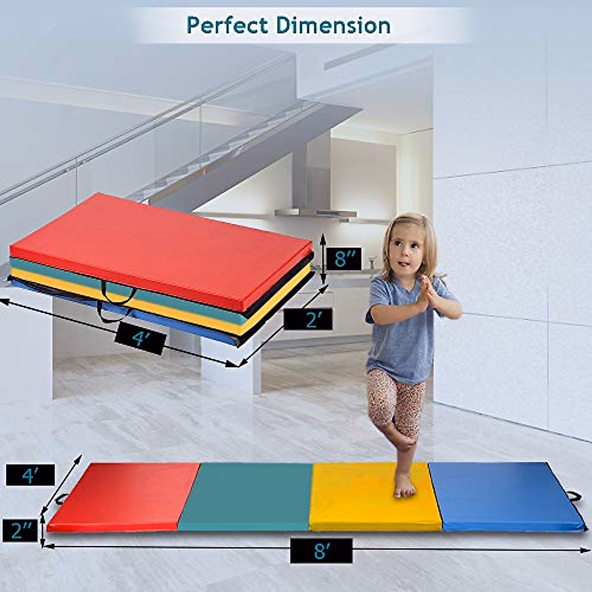 Exercise Mat, Gymnastics Mat Gym Mat 4x8x2 Thick Folding Panel Fitness Training Pad with Carrying Handles Fold Yoga Floor Tumbling Mat for Kids, Home, MMA, Martial Arts, Stretching, Aerobic, Workout