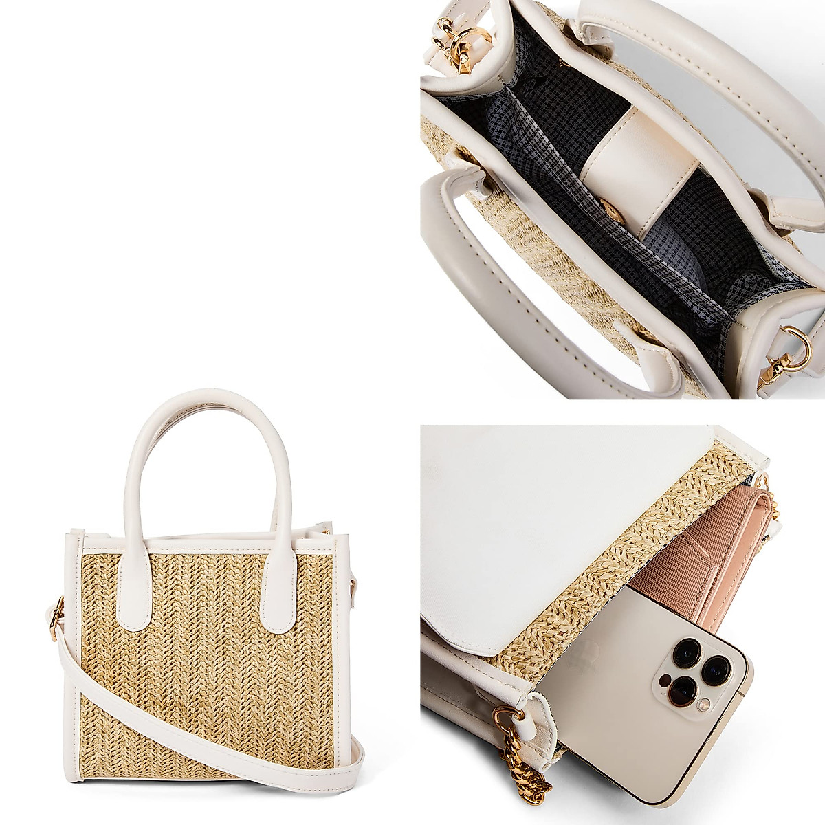 Like Dreams Women Fashion Crossbody Woven Straw Inner Polka Vegan Leather Summer Top Handle Purse (Ivory)