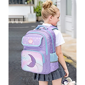 Tanou Kids Backpacks for Girls, 16'' Elementary School Backpack, Breathable Bookbags with Reflective Strip for Girl 6-12 Years, Mermaid