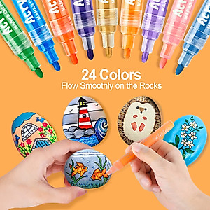 Emooqi Paint Pens, Acrylic Paint Markers 24 Colors Waterproof Pen Set for Rock Painting DIY Craft Supplies Ceramic Glass Canvas Mug Metal Wood-2-3mm Medium Tip