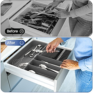 OUTXE Silicone Silverware Drawer Organizer, Non-Slip Utensil Organizer for Kitchen Drawers, Cutlery Tray with Extra Knife Block, 4 Compartments Flatware Organizer for Spoon and Fork, Grey