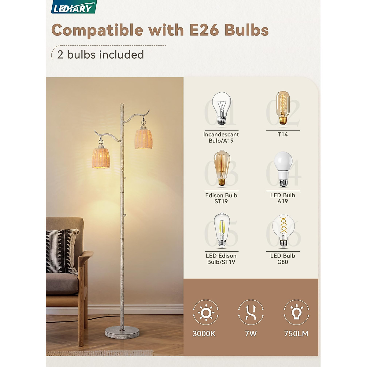 LEDAIRY Farmhouse Rustic Country Cottage Floor Lamp, Dimmable Boho Floor Lamp, Tree Trunk Faux Wood Column Standing Lamp with Wicker Drum Shade, White Washed