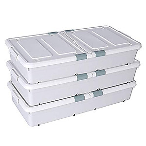 3 Pack Large Rolling Under Bed Storage Bin With Wheels, Sliding Underbed Plastic Containers With Lid Open From Both Sides. 37 x 19 x 7.3 inches