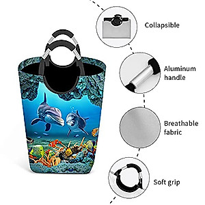 Wondertify 3D Dolphins Corals Laundry Hamper Ocean Undersea World Clothes Basket With Easy Carry Handles For Clothes Organizer Toys Storage