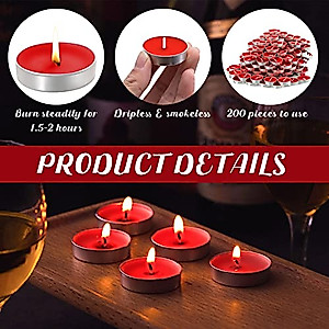 200 Pcs Tea Lights Candles Smokeless Tealight Candles Mini Tealight Candles Dripless Candles Bulk for Dinner Party Home Decoration Wedding Centerpiece Birthday Valentine's Day (Red)