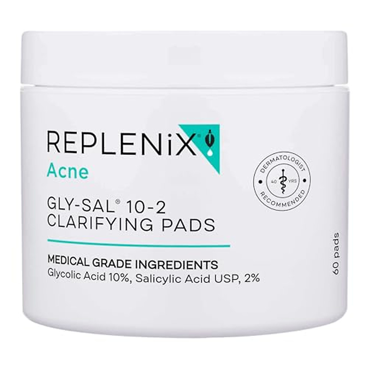 Replenix Gly-Sal 10-2 Clarifying Pads, Medical-Grade Exfoliating Cleansing Wipes for Acne-Prone Skin, Oil-Free Facial Treatment with Witch Hazel, 10% Glycolic & 2% Salicylic Acids (60 ct.)