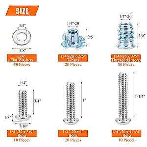HELIFOUNER 1/4"-20 Threaded Inserts for Wood Furniture, 1/4"-20 T Nuts, 1/4-20 x 3/4", 1", 1-1/4" Button Head Socket Cap Screws, 1/4" Flat Washers Assortment Kit, 120 Pieces
