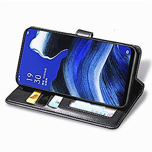SATURCASE Case for Oppo Reno2 Z, Premium PU Leather Flip Round Magnet Wallet Stand Card Slots Protective Cover with Hand Strap for Oppo Reno2 Z (Black)