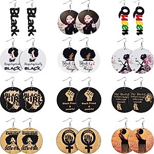 12 Pairs African Women Earrings Wooden African Wooden Earrings Round Painted Earrings Ethnic Style Drop Dangle Earrings Set (Retro Style)