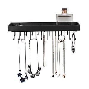 J JACKCUBE DESIGN Jewelry Organizer Necklace Holder with 23 Hooks, Wall Mounted Necklaces Bracelet Earrings Ring Holder Hanger with Shelf (Black, 14.37 x 2.95 x 3.86 inches) - MK208A
