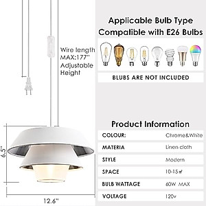 GO&SO 3-Tier Plug in Pendant Light Hanging Light with Plug in Cord Fabric Lampshade Plug in Ceiling Light Fixture for Bedroom Living Room White Silver