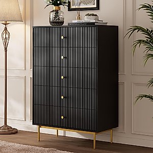 MAISONARIA 5 Drawer Dresser for Bedroom, Tall Dresser Chest of Drawers with Gold Handles, Wood Dresser Storage Cabinet for Bedroom, Black