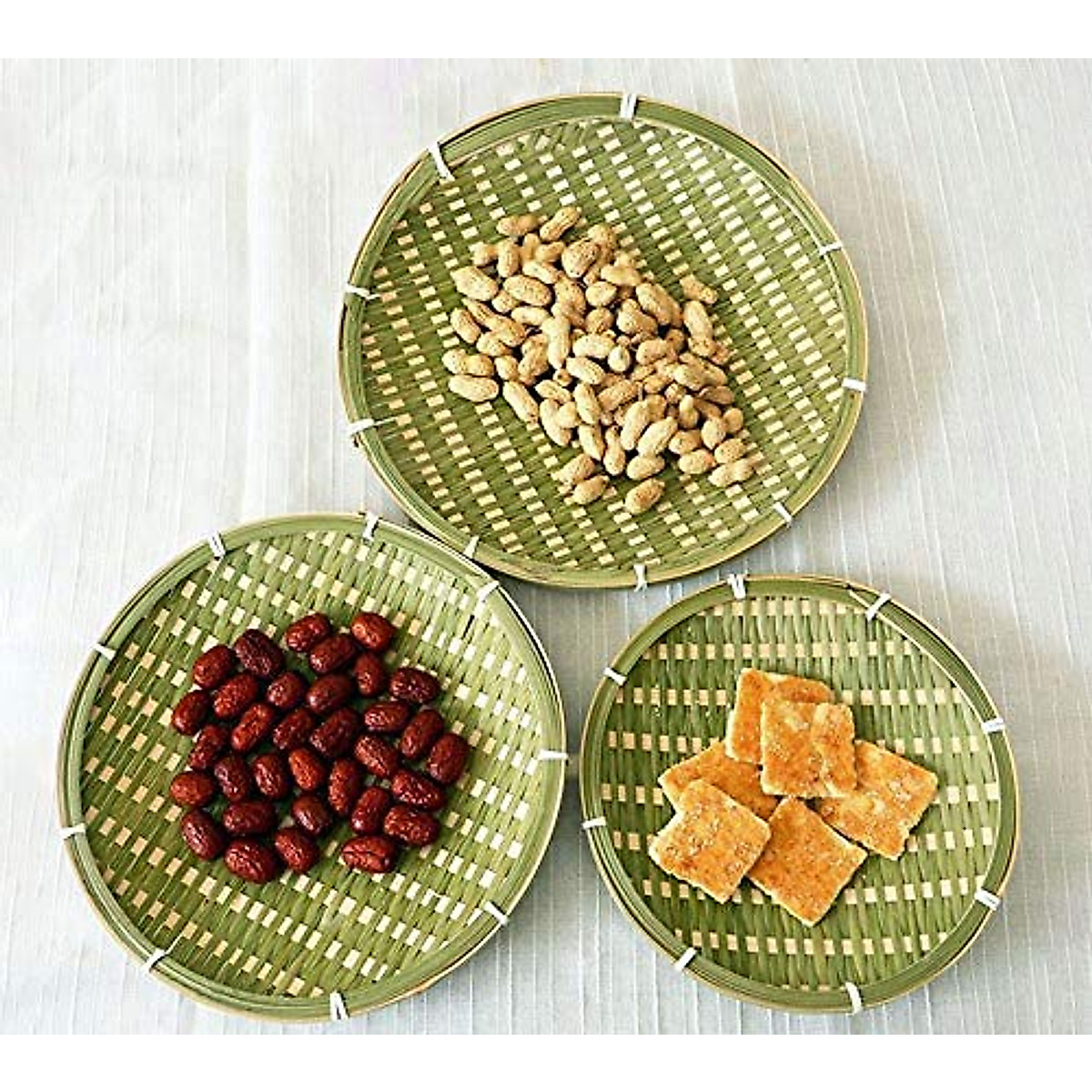 100% Handmade Bamboo Basket Weaving Serving Tray Set of 3 for Bread Food Snack Woven Wicker White Green Bamboo Basket Holder Traditional Decor 8inch 10inch 12inch 14inch 16inch (Green, Set of 3)