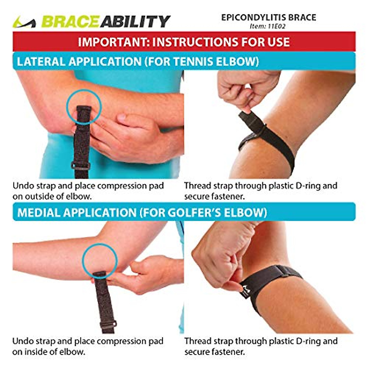 BraceAbility Epicondylitis Brace | Elbow Strap for Medial / Lateral Epicondyle Pain and Tendonitis Arm Compression Support Band for Men or Women (One Size Fits Most)