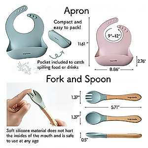 Ange Smile Silicone Baby Feeding Set - 12pcs Baby Led Weaning Supplies, Suction Bowl, Divided Plate, Spoons, Forks, Adjustable Bib, Eating Utensils for 6+ Months. Perfect baby registry essential gift