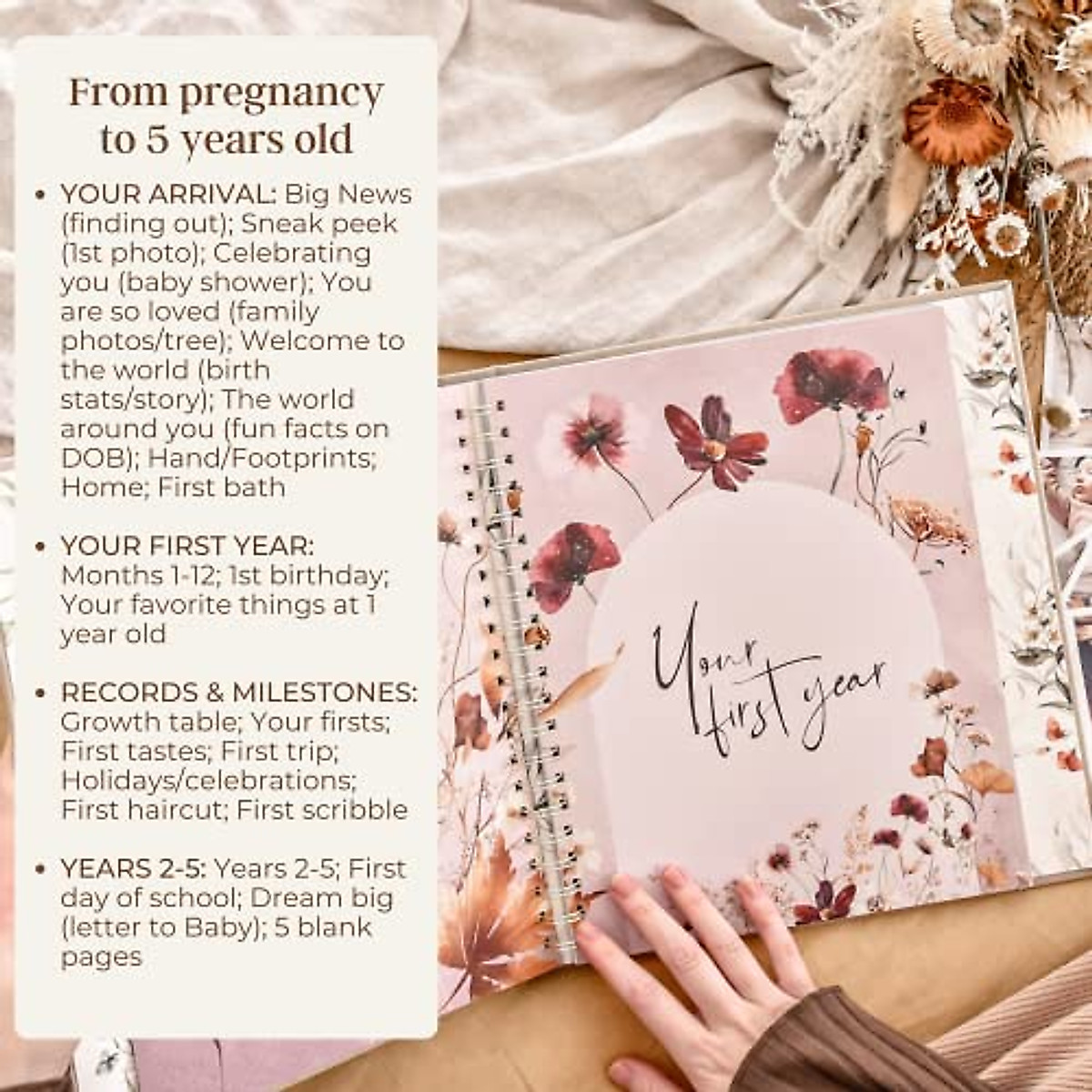 Peachly Baby Memory Book | Minimalist First Year Keepsake for Milestone | Simple Baby Scrapbook Books for Girl | 60 Pages Beige Linen - Fleur