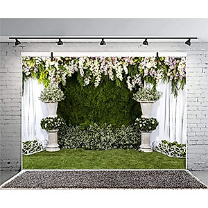 Laeacco Arch Wedding Flowers Backdrop 10x8ft Vinyl Photography Background Stone Planter Flowers White Curtain Green Ivy Wall Decoration Outdoos Ceremony Green Grassfield Backdrop