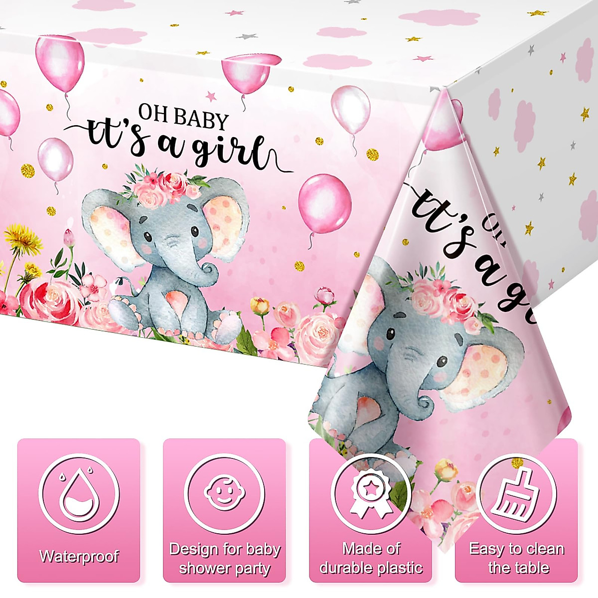 6 Pack Elephant Baby Shower Tablecloth Decorations, Elephant Baby Shower Decorations, Plastic Tablecloth Table Cover Backdrop for Baby Boy Girl Gender Baby Shower Party Supplies, 54 x 108 Inch, Pink