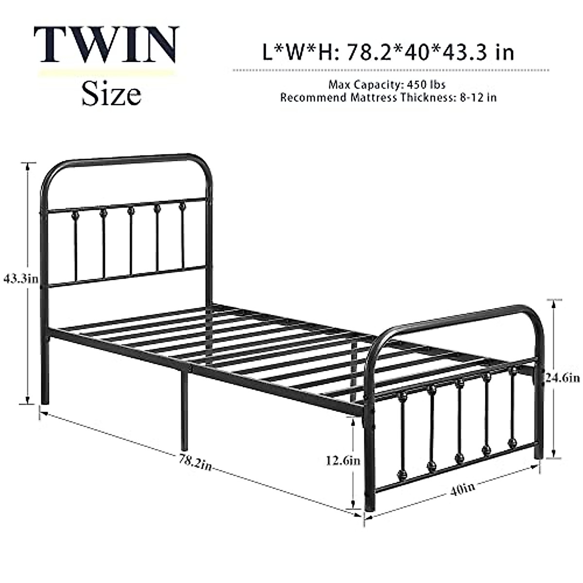 VECELO Metal Platform Bed Frame, Mattress Foundation with Headboard & Footboard,No Box Spring Needed,Twin Size