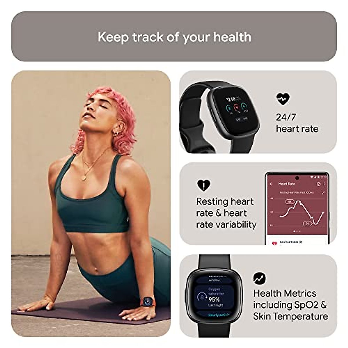 Fitbit Versa 4 Fitness Smartwatch with Daily Readiness, GPS, 24/7 Heart Rate, 40+ Exercise Modes, Sleep Tracking and more, Black/Graphite, One Size (S & L Bands Included)
