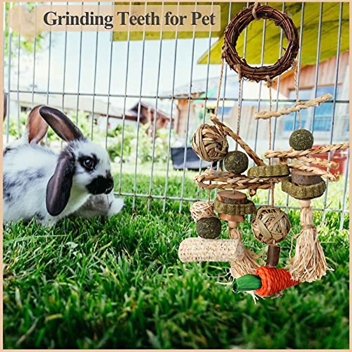 HERCOCCI 2 Pack Bunny Chew Toys for Rabbits, Natural Handmade - Rabbit Cage Hanging Toys for Rabbits Guinea Pigs Hamsters Gerbils Rats