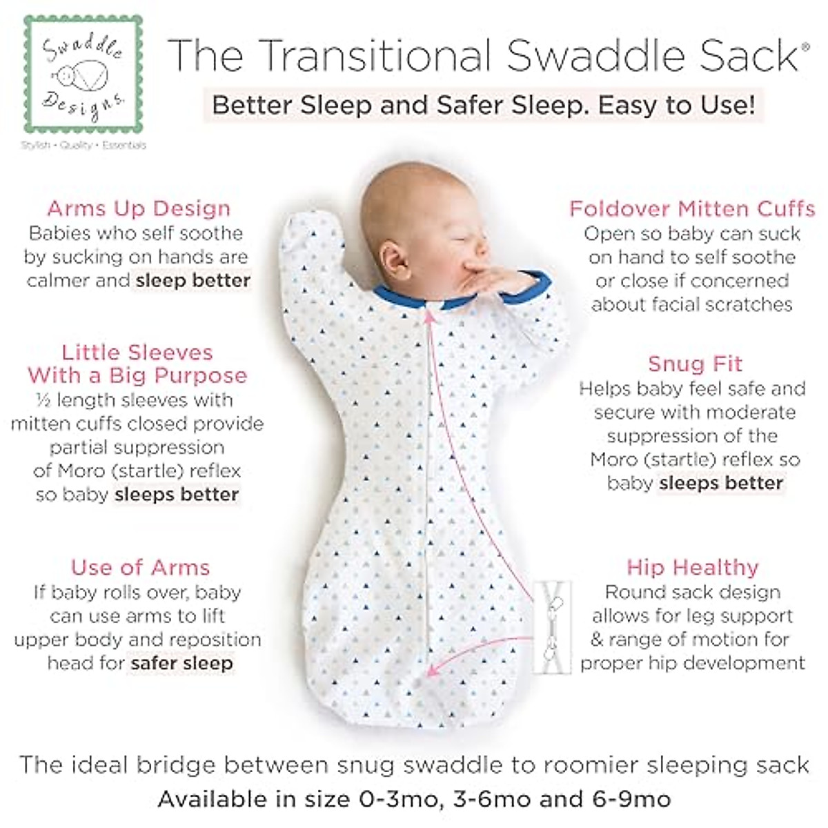 SwaddleDesigns Transitional Swaddle Sack, Arms Up Half-Length Sleeves & Mitten Cuffs, Swaddle for Newborn Transition to Baby Sleep Sack Wearable Blanket, Small, 0-3 month, 6-14 lb, Blue Tiny Triangles