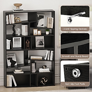 16 Cube Bookcase, 6 Tier Irregular Freestanding Geometric Bookshelf with Anti-Tipping Kits, Black Mid-Century Modern Large Cube Storage Organizer Book Shelf for Bedroom, Living room, Office, 2Pack