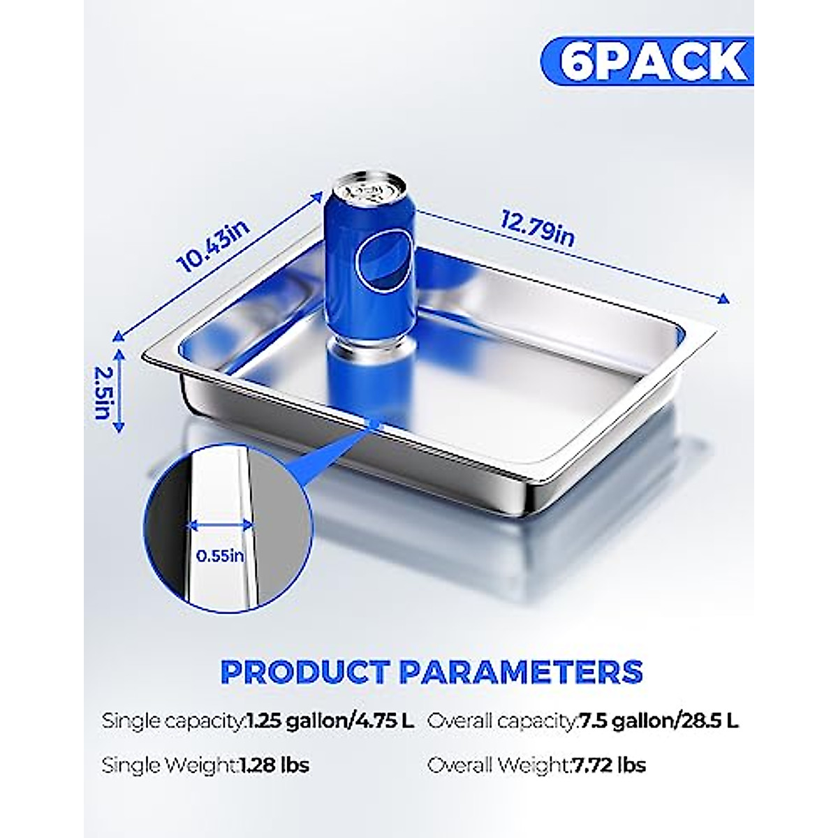WantJoin 1/2 Half Size Steam Table Pans, 6-Pack 2.5 Inch Deep Restaurant Steam Table Pans Commercial, Hotel Pan Made of 201 Gauge Stainless Steel