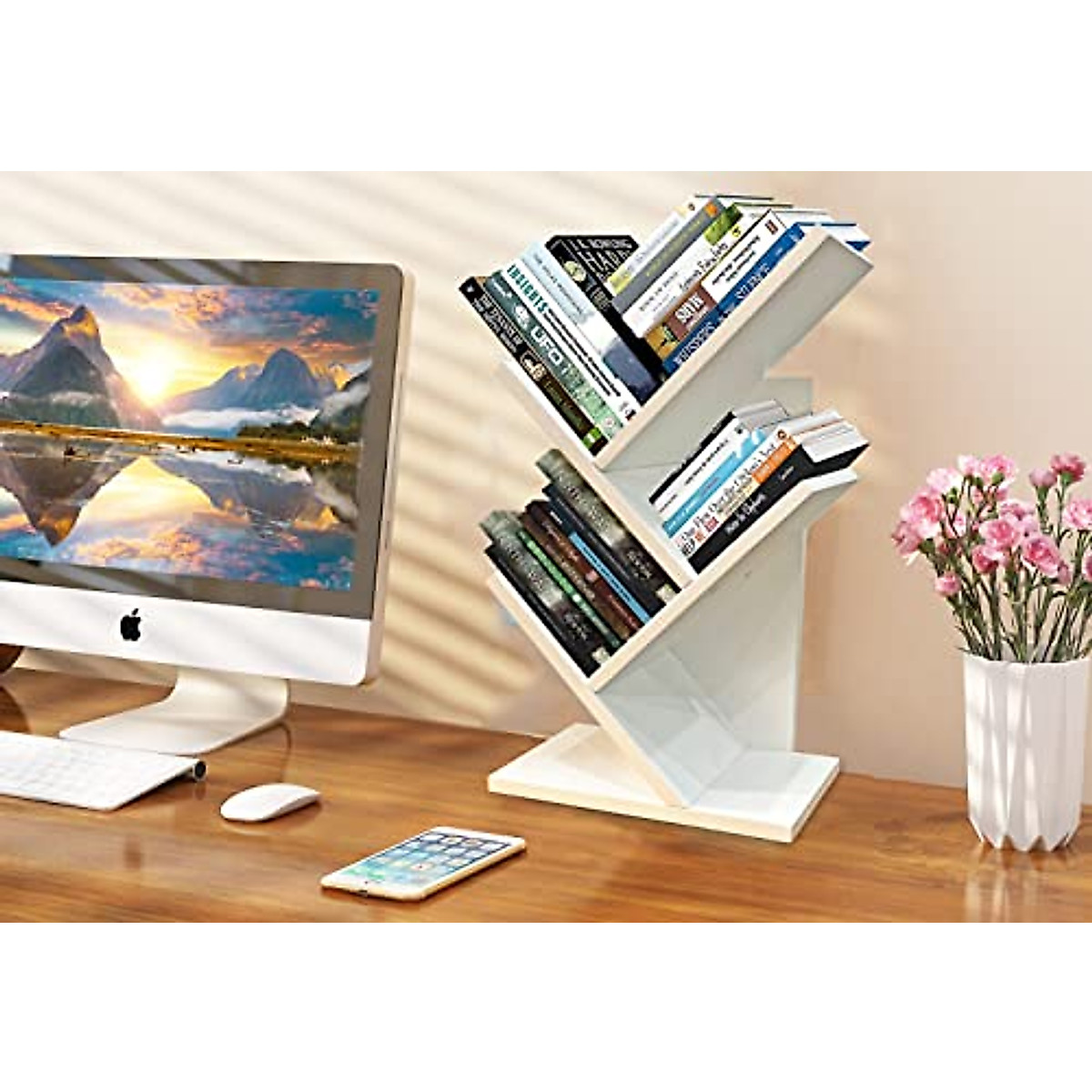 STEADYZ Solid Wood Tree Bookshelf, Modern Geometric Bookcase for Small Spaces and Small Rooms, Desktop Tabletop Kitchen Organizer, White