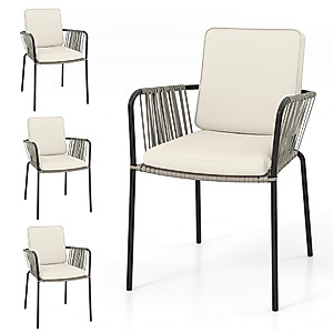 DWVO Patio Chairs Outdoor Dining Sets with Arms and Seat Cushions, Rope & Rattan Patio Chairs Set of 4 Perfect for Garden Porch Backyard Poolside Balcony, Grey