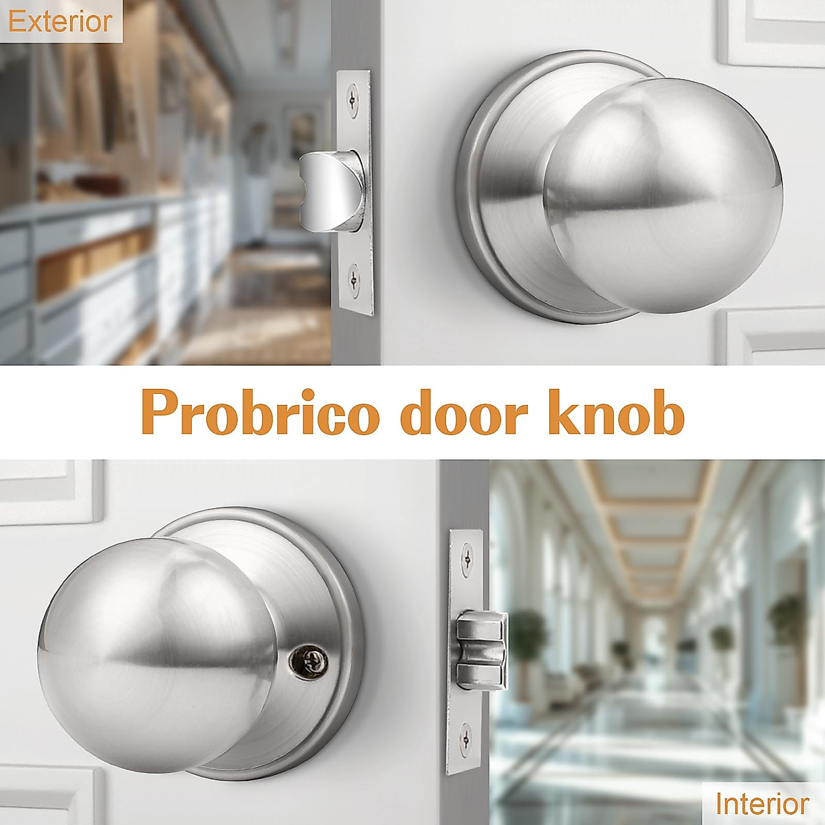 Probrico Round Passage Door Knobs Interior Hall/Closet Door Handles Brushed Nickel Ball Knobs, 3 Pack
