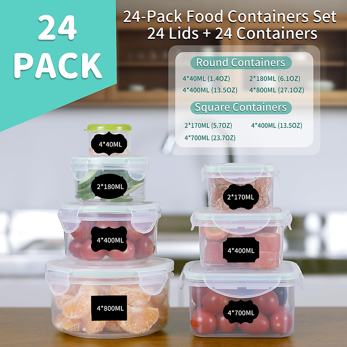 UULID 50 PCS Plastic Food Storage Containers Sets with Lids Leakproof Reusable BPA Free Snap Lid Storage Containers Small Meal Prep Containers with Snap Lids Labels & Marker Pen