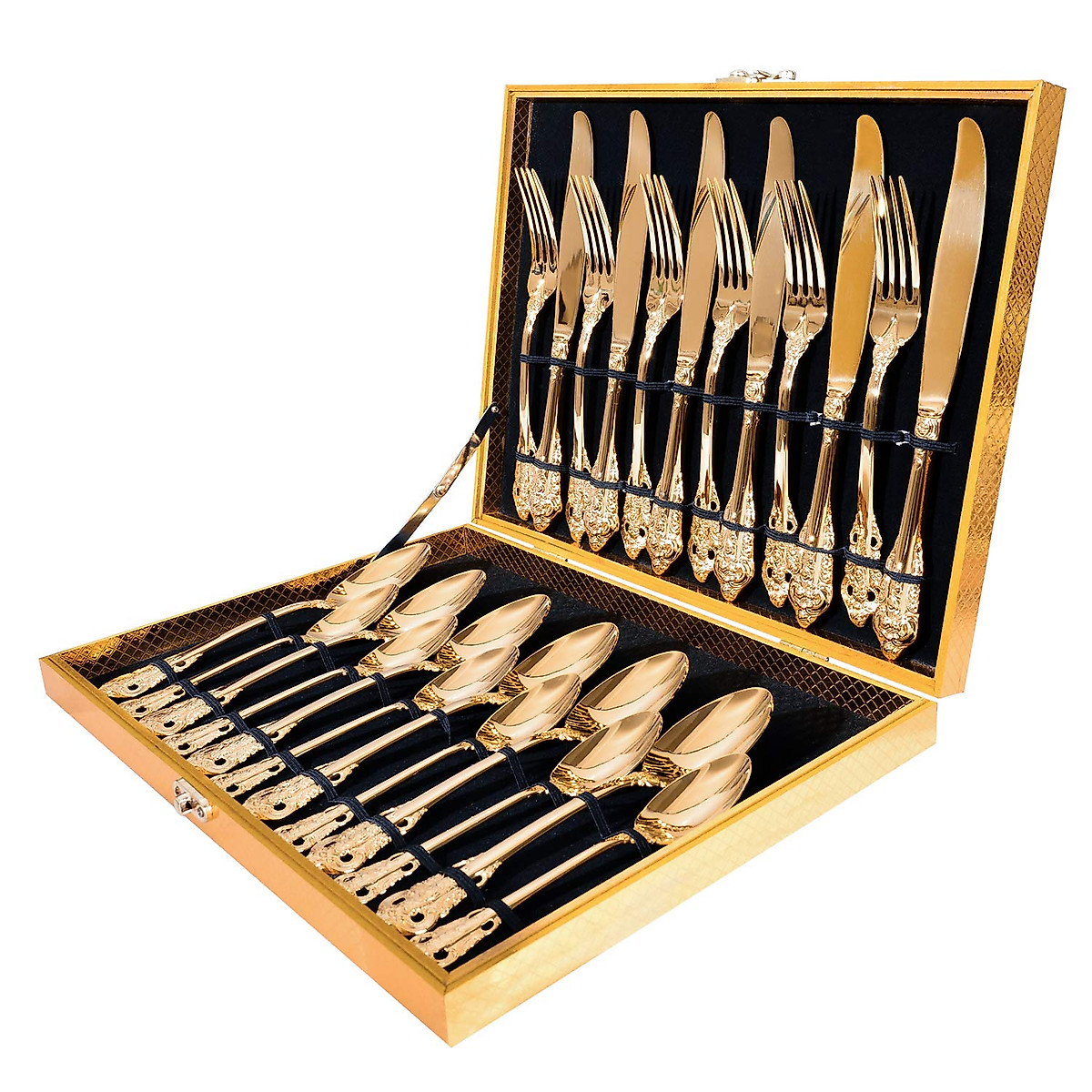 ZCF 24-Piece Gold Flatware Silverware Set,18/10 Heavy Duty Stainless Steel Flatware Service for 6,Cutlery Include Knife/Fork/Spoon/Coffee Spoon,Mirror Polished, Dishwasher Safety