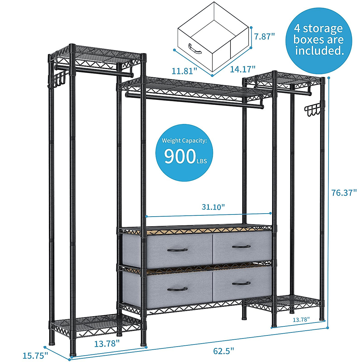 Large Garment Rack Heavy Duty Clothes Rack,Freestanding Closet Portable Clothing Rack with 8 Adjustable Wire Shelves,3 Hang Rods,4 Fabric Drawers,2 Hooks,Metal Closet Storage Wardrobe,MaxLoad 900lbs