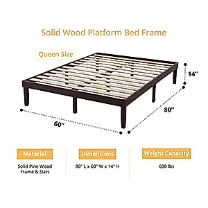 Naomi Home Lucia 14 Inch Solid Wood Platform Bed Queen Bed Frame, Pine Wood Queen Platform Bed Frame, No Squeak Bed Frame, Bed Frame Queen Size, No Box Spring Needed, Sturdy Bed Frame - Espresso