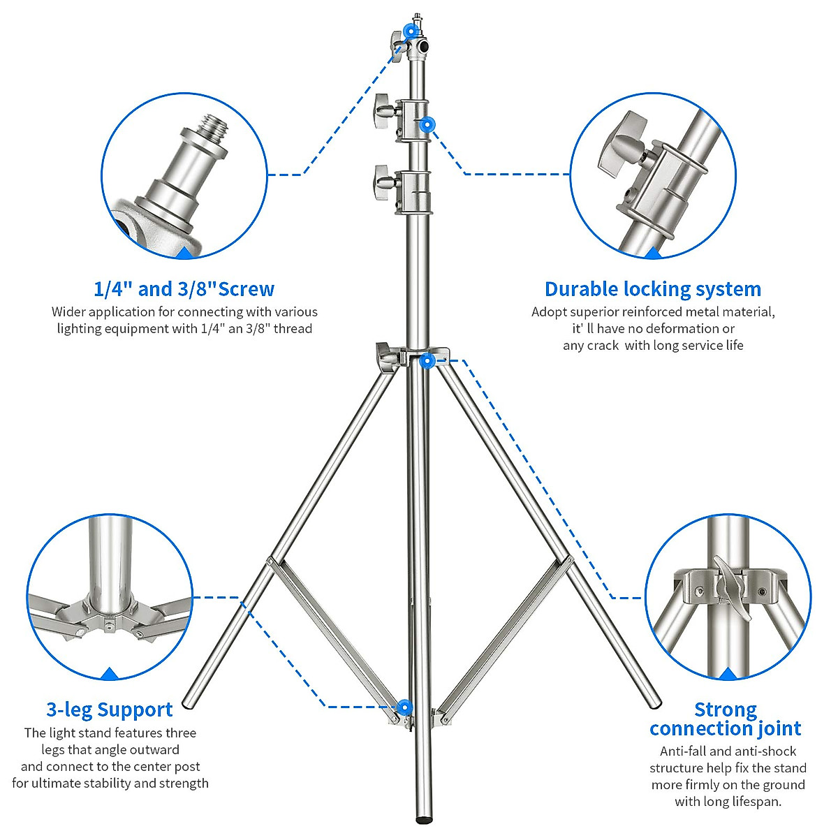 Neewer 118"/3m Stainless Steel Light Stand, Spring Cushioned Heavy Duty Photography Tripod Stand with 1/4” to 3/8” Universal Screw Adapter for Strobe, LED Video Light, Ring Light, Monolight, Softbox