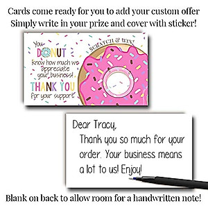 Donut Themed Scratch & Win Customer Appreciation Package Inserts for Small Businesses, 20 2" X 3.5” Single Sided Insert Cards with Scratch Off Stickers included by AmandaCreation
