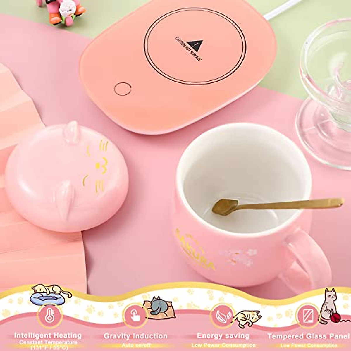 Coffee Cup Warmer Coffee Warmer with Mug for Women Electric Coffee Mug Heater Temperature Control Ceramic Cute Cat Smart Coffee Warmer for Office Desk Home Christmas Birthday Gift(Pink)