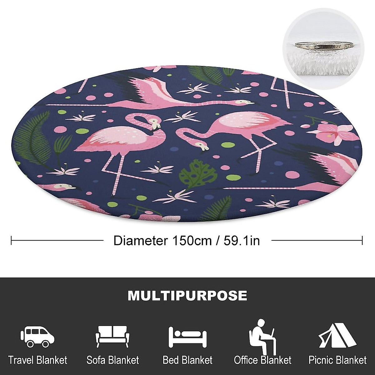 LAKIMCT Fly Flamingo Bird Round Blanket for Couch Bed Throw Blanket, Aesthetic Decorative Blanket for Travel Camping Comfy Blanket, 60 Inch