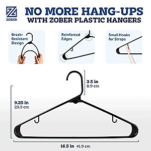 Zober Plastic Hangers 50 Pack - Heavy Duty Black Plastic Hangers - Space Saving Clothes Hangers for Coats, Pants & for Everyday Use - Clothing Hangers with Hooks