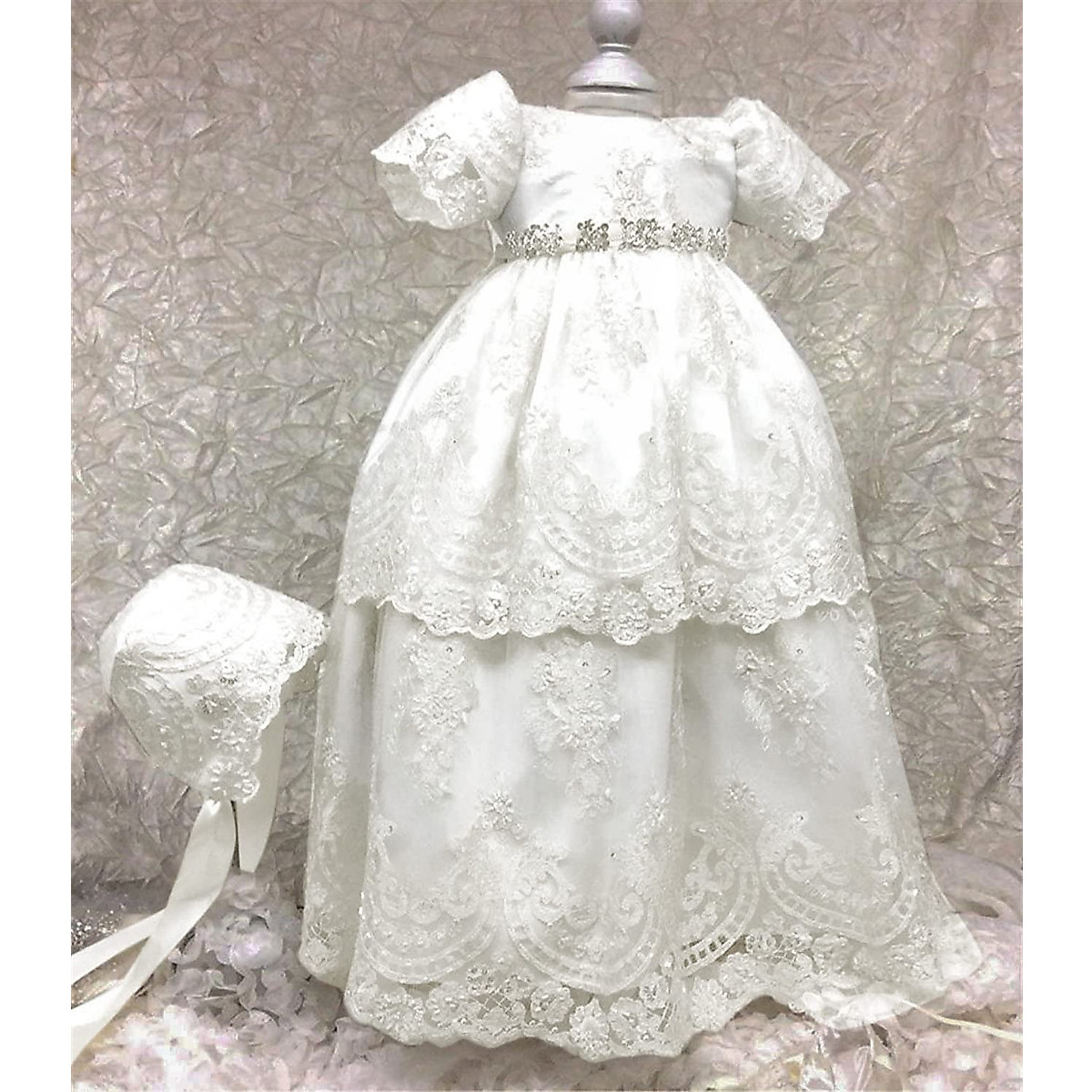 Newdeve Long Baptism Dresses for Baby Girls Christening Gowns Toddler with Bonnet White