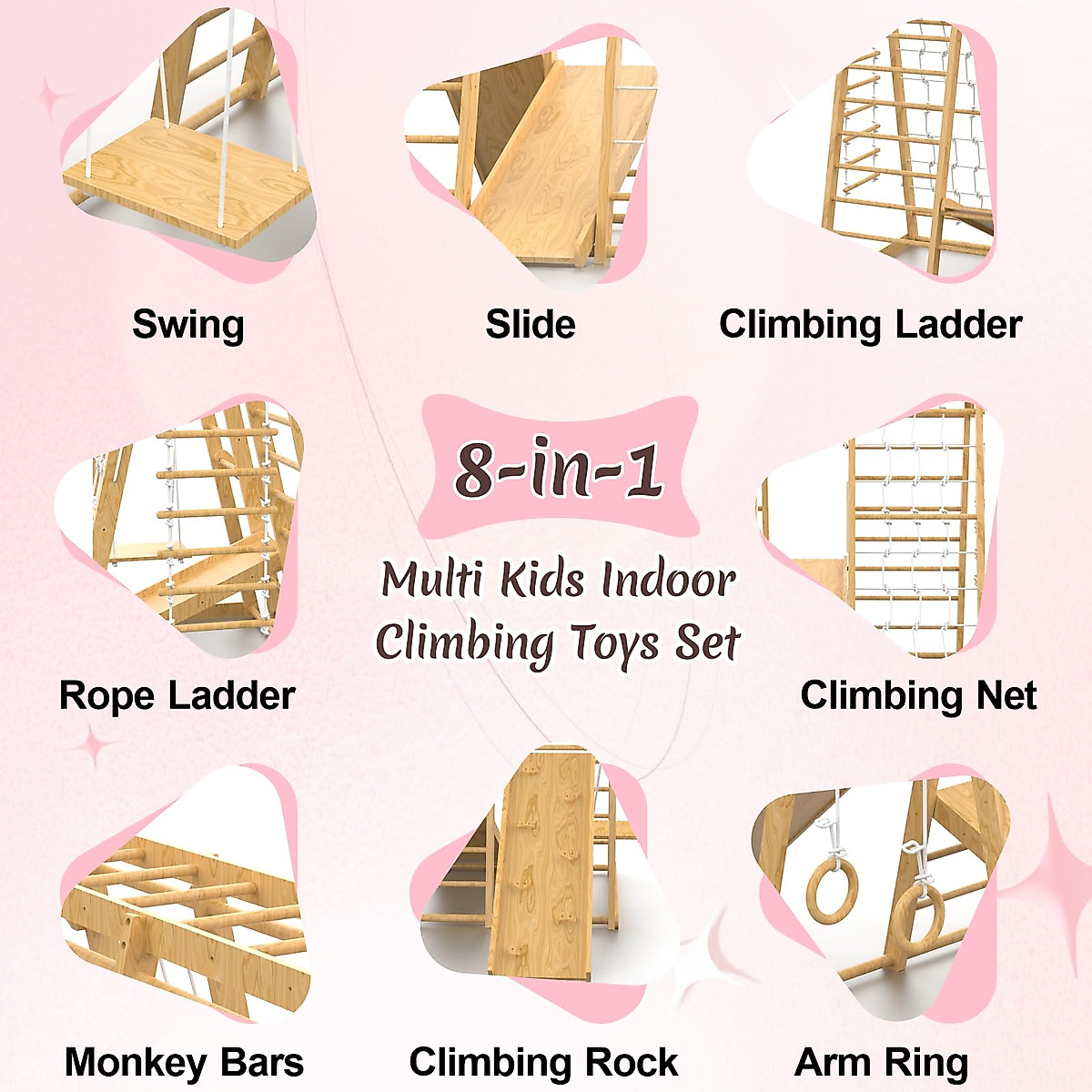 Baby Climbing Toys Indoor, 66inch Indoor Jungle Gym, Toddler Indoor Playground Set 8-in-1 with Armband, Swing, Monkey Bar, Slide, Rock Climb Wall, Wood & Rope Ladder, Rope Wall Ladder for Kids 1-8yrs