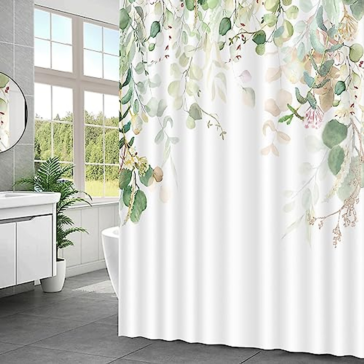QOQIBU Green Plant Shower Curtain for Bathroom with 12 Hooks,Waterproofing Enhanced Shower Curtains with Eucalyptus Leaf Plant Pattern,Floral Shower Curtain Inspired by Nature for Decoratin-72 x72