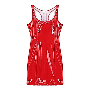 Mufeng Womens Sexy Sleeveless Bodycon Mini Club Dress Thick Shoulder Square Neck Latex Dress Red S