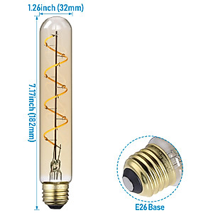 TORCHSTAR LED Vintage Spiral Filament Bulb T10, 4.5W 7.17inch Long Tubular Edison Light Bulbs, E26 Base, Dimmable T10 Filament Bulb for Wall Lamp, Amber Glass, 2000K Soft Warm, ETL/FCC, Pack of 4