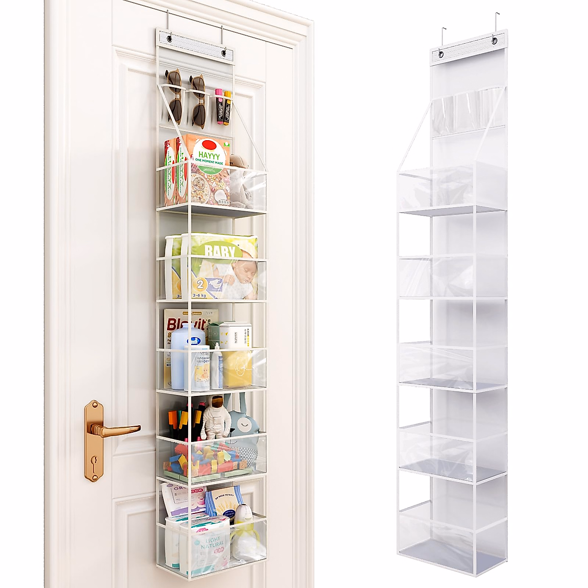 Fixwal 6-Shelf Over The Door Hanging Pantry Organizer Hanging Storage with Clear Plastic Pockets Slim Door Shelf Behind The Door Storage with 3 Small PVC Pockets for Closet Bedroom Bathroom (White)