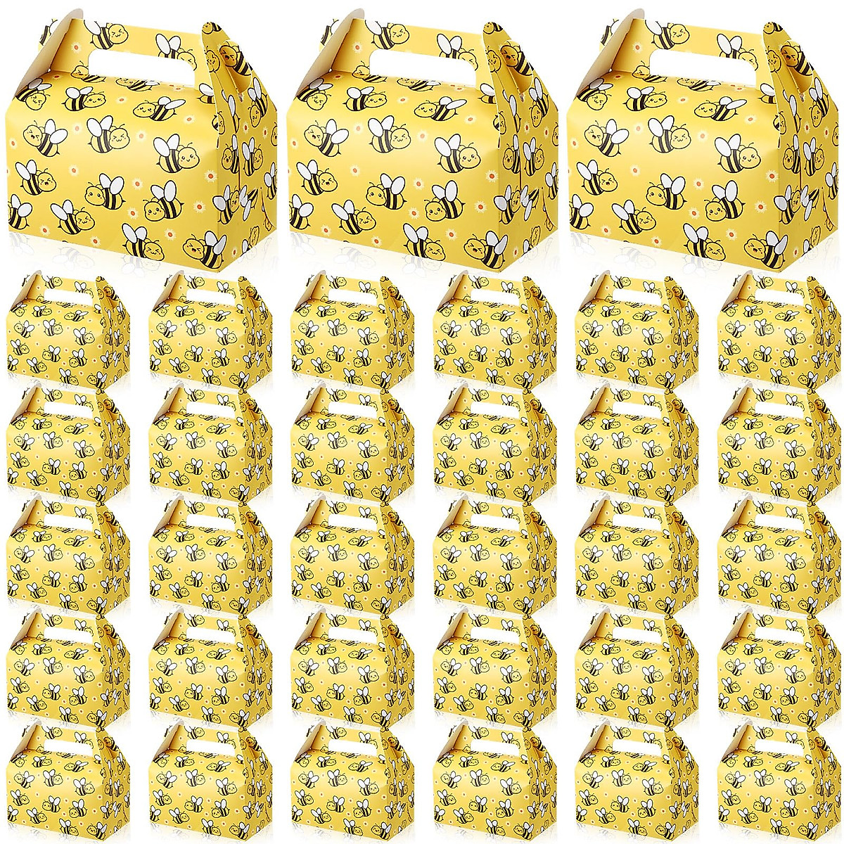 Feifeiya 30 Pcs Bee Candy Boxes with Handles Paper Bee Party Favor Treat Boxes Easy Assemble Bee Gift Bags Bee Party Favor Bags for Birthday Bee Decorations Baby Shower Wedding Kids Bee Party Supplies