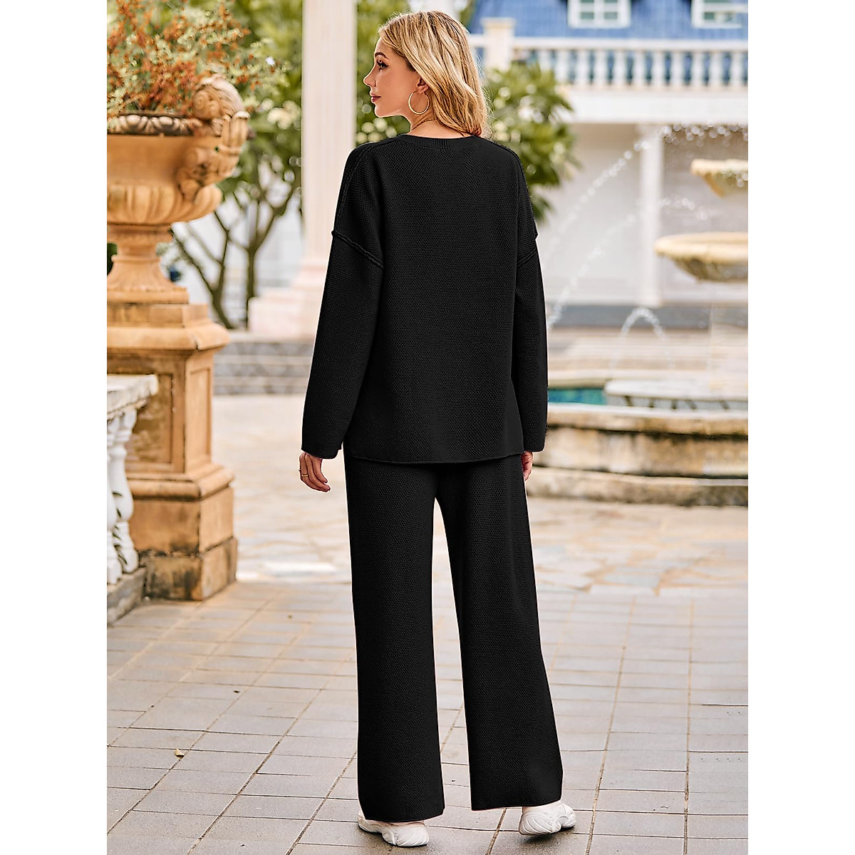 MEROKEETY Women's 2 Piece Outfit Sets Long Sleeve Button Knit Pullover Sweater and Pants Lounge Sets Black Large