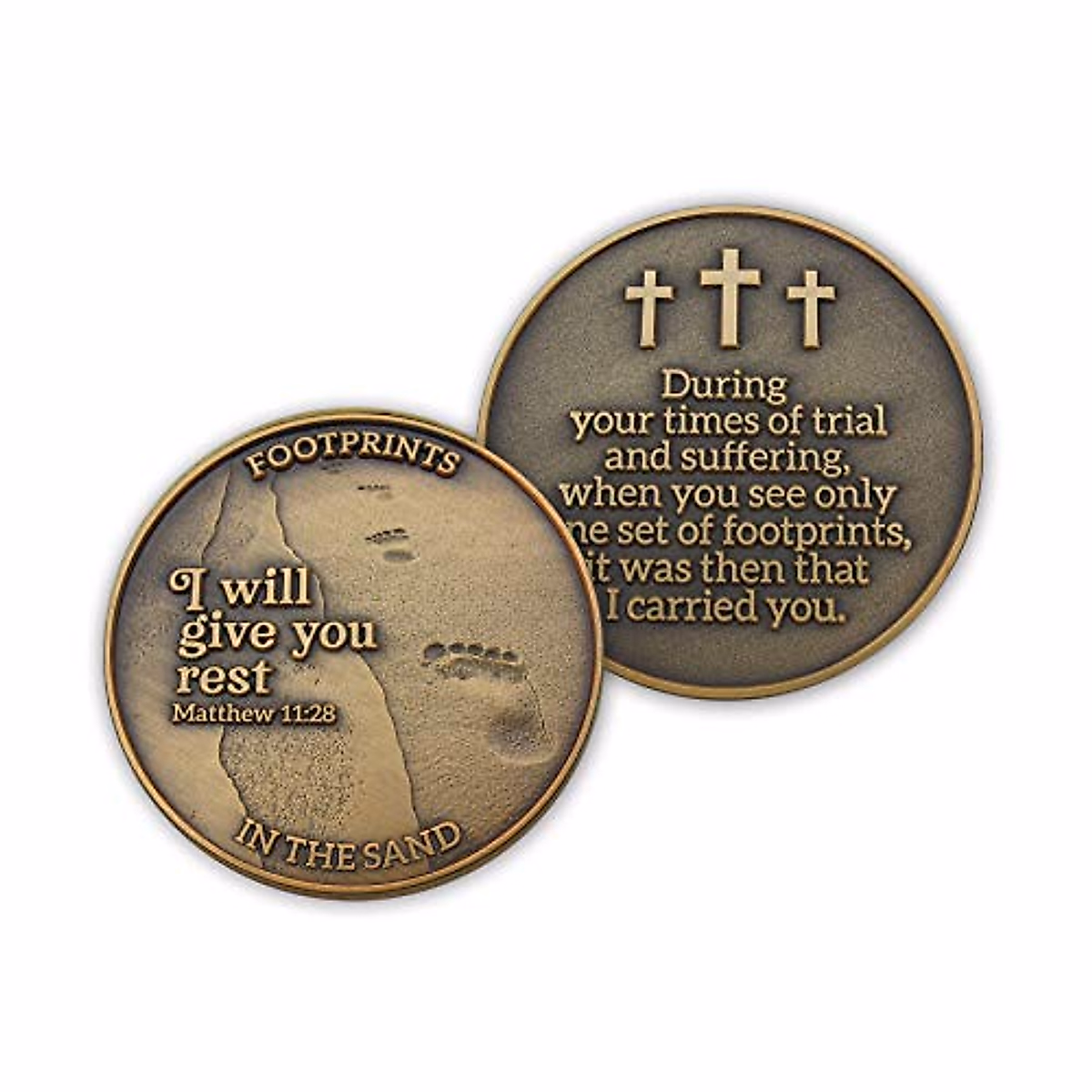 Footprints in The Sand Coin, Resting and Peace, Antique Gold Plated Christian Challenge Coin. During Your Times of Trial and Suffering, I Carried You. I Will Give You Rest, Matthew 11:28 Gift